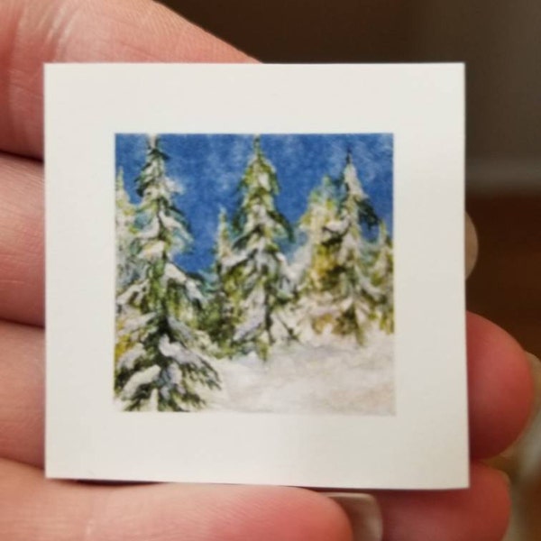 Miniature Snowy Pine Forest Art PRINT - Tiny Winter Watercolor 1-inch ...
