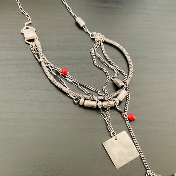 Sterling Silver Necklace, Square Pendant Necklace, Red Balls ...