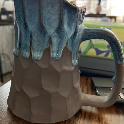 10 Oz Handmade Ceramic Mugs With Blue Interior, White/red/grey ...