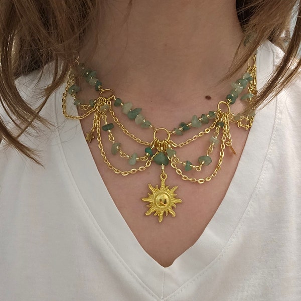 Boho Layered Necklace, Green Gold Crystal Fairy Jewelry, Handmade Gift ...