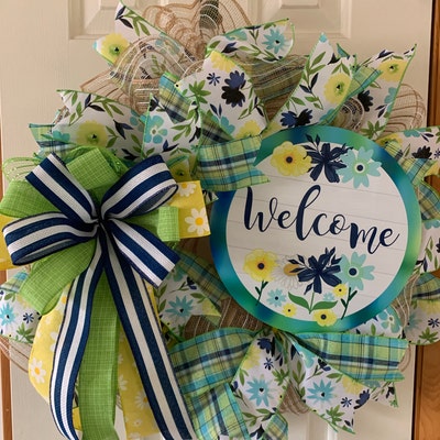 Welcome Floral Wreath Sign, Spring Summer Wreath Attachment, Teal Blue ...