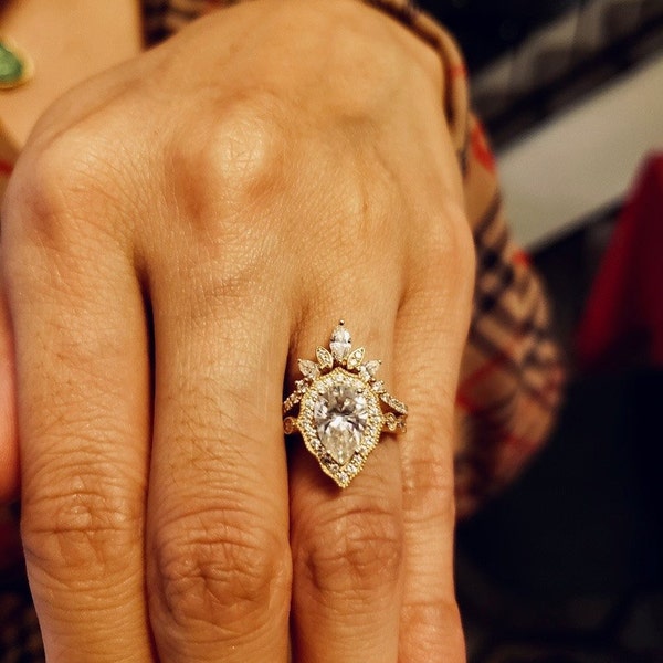 Pear Shaped Moissanite Engagement Ring Set Rose Gold Milgrain Cluster