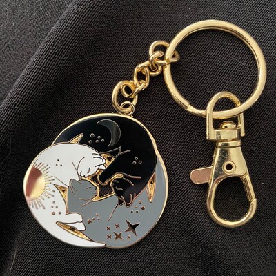 Trio of Cats Keychain Black Cat Keychain Celestial Keychain Sleeping ...