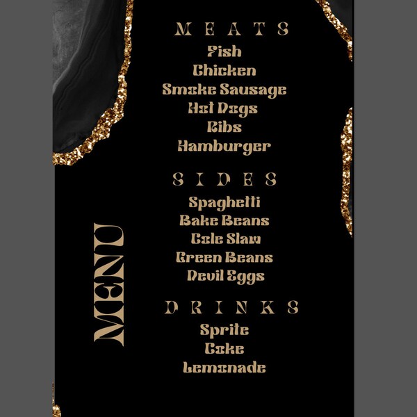 Editable Birthday Party Menu Card Template, Black and Gold Menu Cards ...