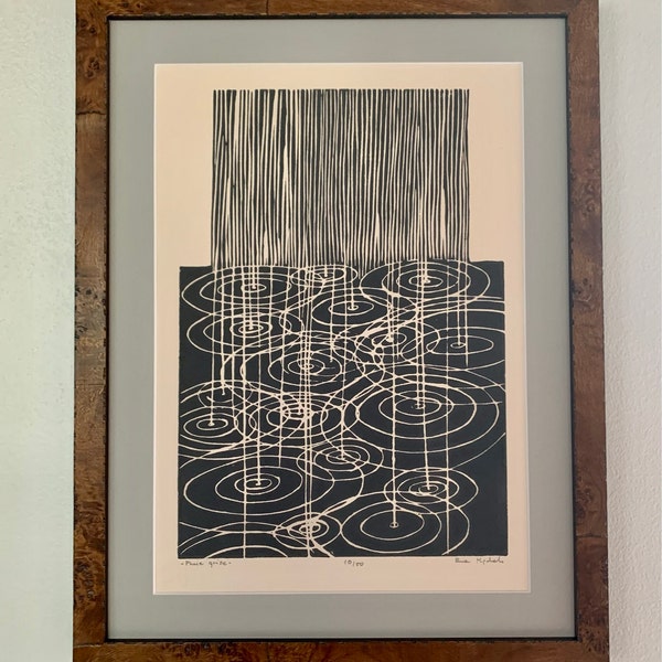 Linocut Heavy Rain Original Art Print With a Red Monogram, Nature Wall ...