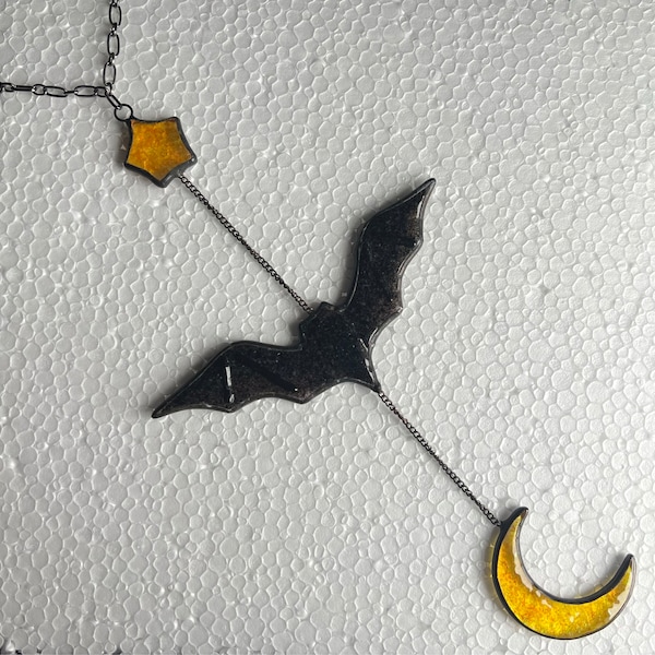 Suncatcher Bats With Moon and Star Hallowen Decor Stained Glass Bats ...