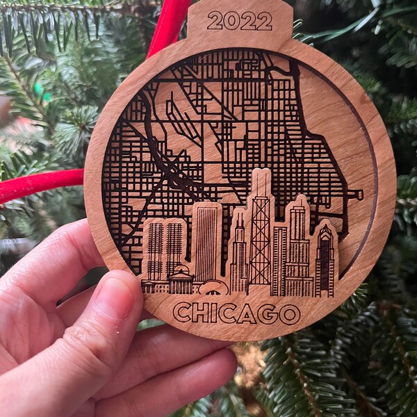 Chicago Gift Set, Chicago Skyline Map Ornament, Christmas Chicago ...