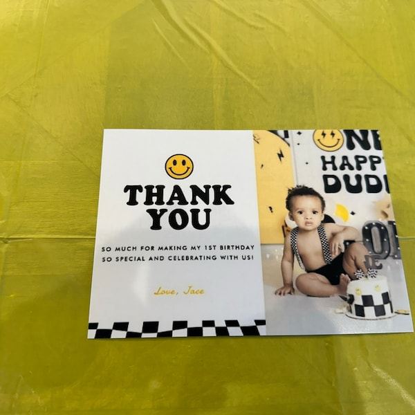 Editable One Happy Dude Retro Smiley Face Birthday Thank You Card ...
