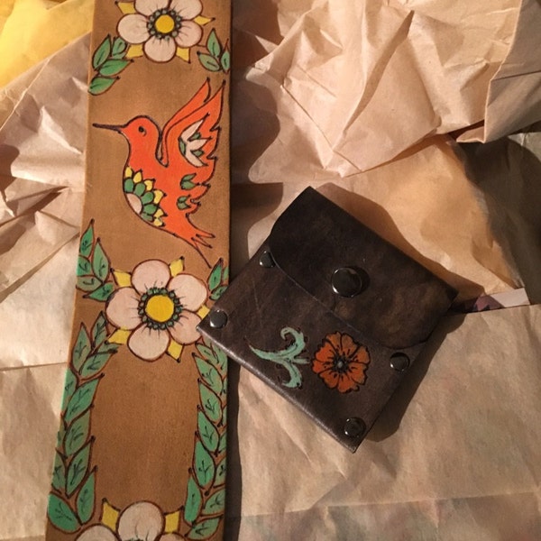 Guitar Strap - Leather Guitar Strap - Colibri - Hummingbird and Flowers ...