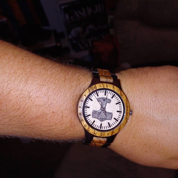 Engraved Thor's Hammer Mjolnir Wooden Watch, Personalized Viking Watch ...