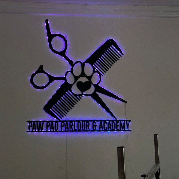Custom Dog Grooming Hair Salon Metal Wall Art LED Light Personalized ...