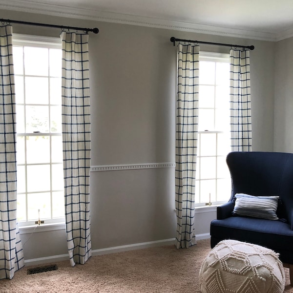 Blue Plaid Slub Rod-pocket Curtains - Denim Blue Buffalo Check Curtains ...