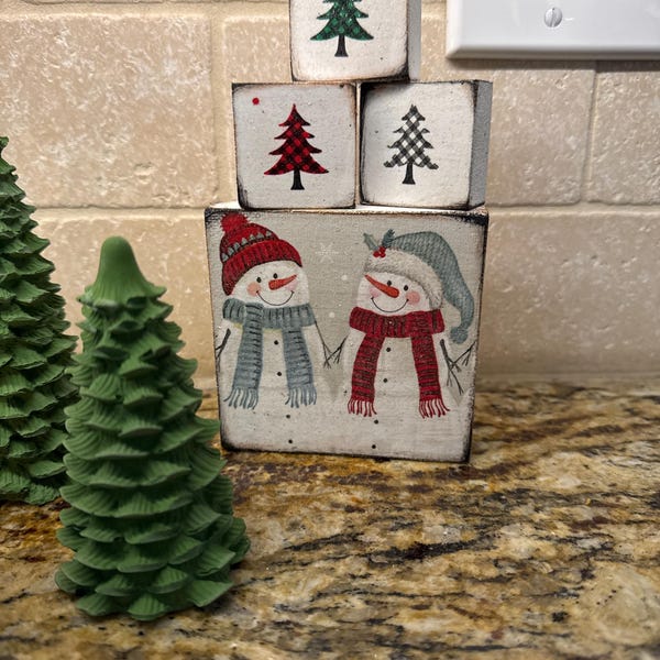 Snowman Let It Snow Mini Wooden Block Set :christmas Tiny Tier Tray ...