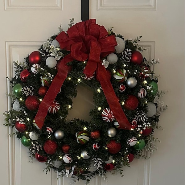 Red Ribbon Winter Wreath, Large Christmas Wreath, Long Tail Wreath ...