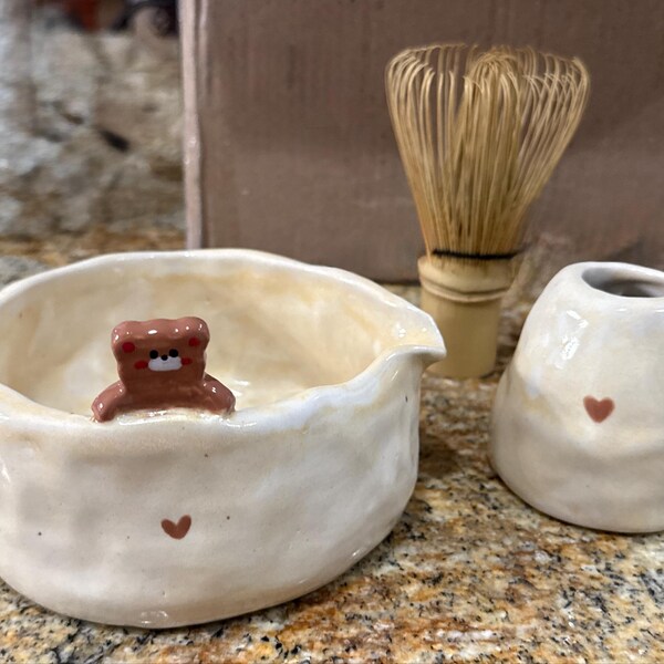 Handmade Ceramic Teddy Bear Matcha Set | Cute Chawan, Aesthetic Pottery ...