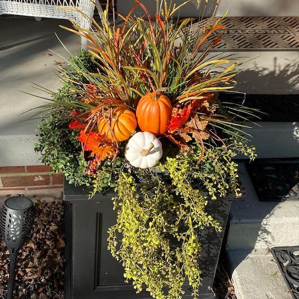 Fall Urn Filler, Faux Pumpkin & Leaf Porch Planter Arrangement, Urn ...