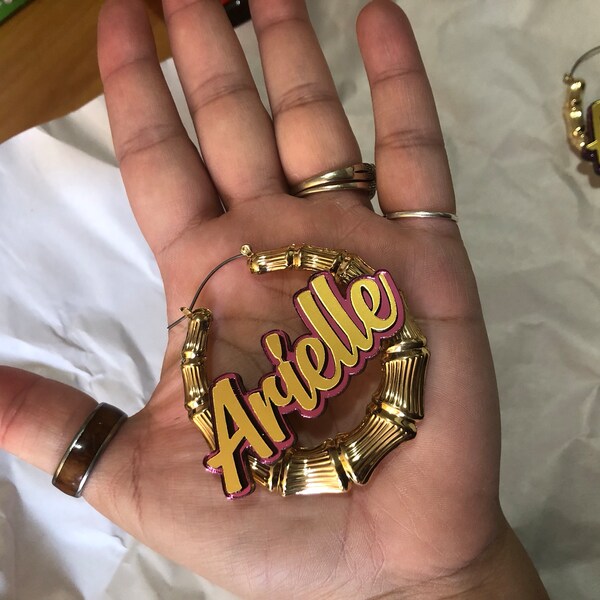 Gold Hoop Bamboo Earrings Name Plate Laser Cut Personalized Custom ...