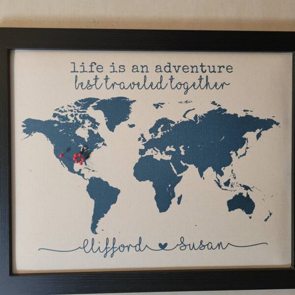 Cotton Push Pin Map, Rustic Home Decor, 2 Year Anniversary Gift for ...