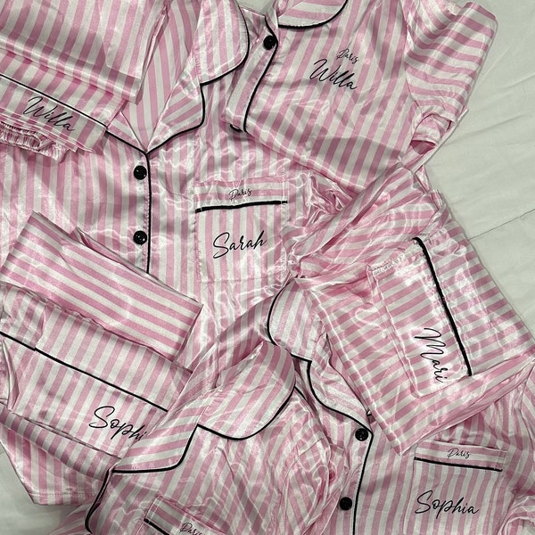 Satin Personalised Pyjamas Women | Personalised Pink Satin Striped Pjs ...