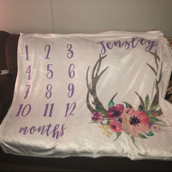 Baby Milestone Blanket - Monthly Baby Blanket - Floral Antler Baby ...