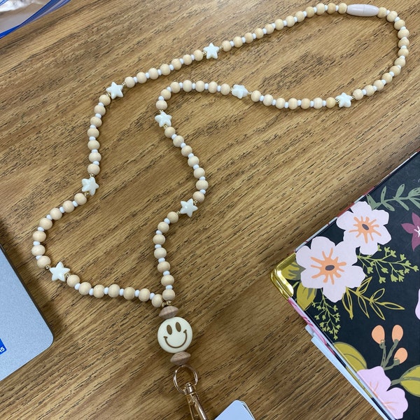 Happy + Stars Teacher Lanyard, Teacher Gift, Badge Necklace, Fun ...