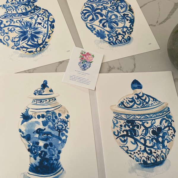 Ginger Jars Watercolor Paintings, Ginger Jar Art Print Set of 4, Blue ...