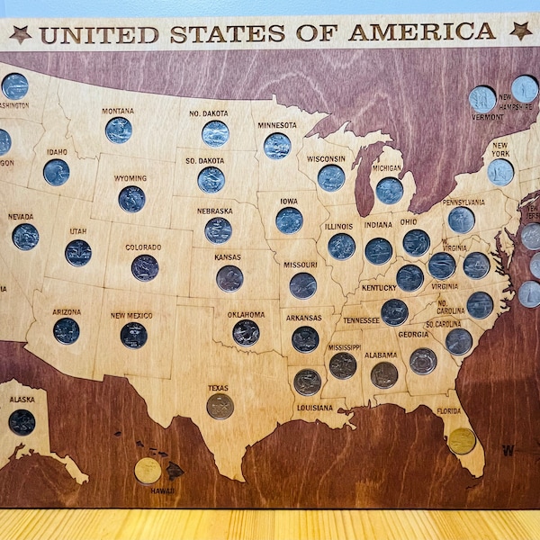 Wooden US 50 States Quarter Map, Quarter Coin Display, Coin Collection ...