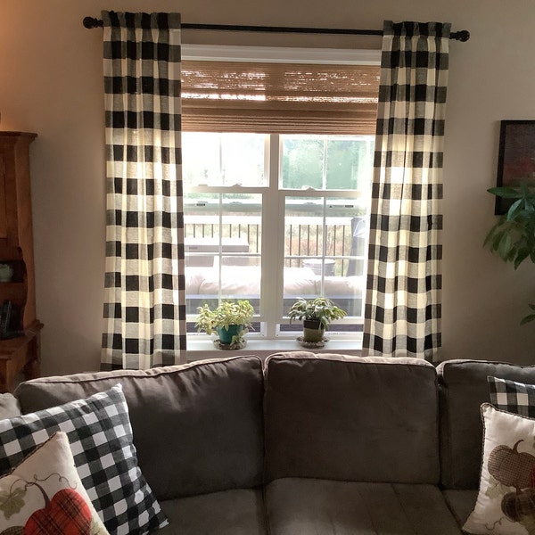 Rod Pocket Top Black and White or Cream Buffalo Check Curtains - 24 ...
