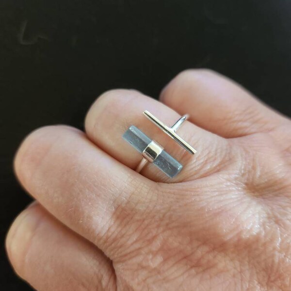 Raw Aquamarine Bar Ring, Adjustable Aqua Silver Stick Ring, March Birthstone Jewelry, Aquamarine ...
