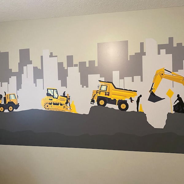 Digger Trucks Mural - Removable Wall Decal - Large Wall Mural - Vinyl ...