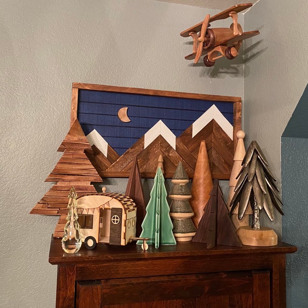 Rustic Navy Background W/ Moon - Rustic Mountain Wood Wall Art-wall ...