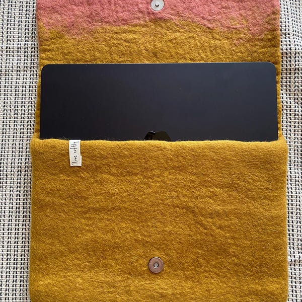 Hand Felted Wool Laptop Case - Ochre & Pink Ombre - Sizes: Small/medium ...