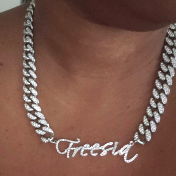 Custom Diamond Name Necklace Iced Out Cuban Chain, Script Name Necklace ...