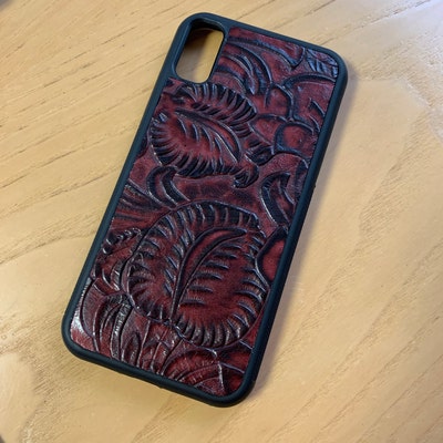 Western Style Hand Tooled Floral Design Leather Phone Case in Brown ...