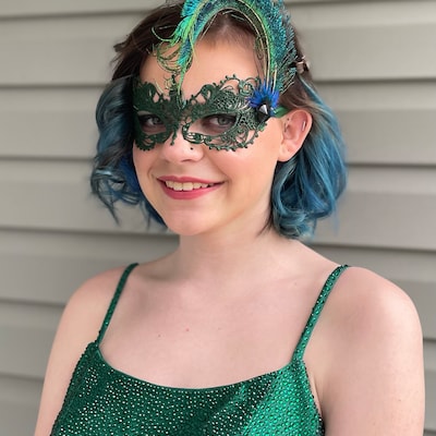 Emerald Green Feather Mask Women, Green Masquerade Mask Woman, Emerald ...