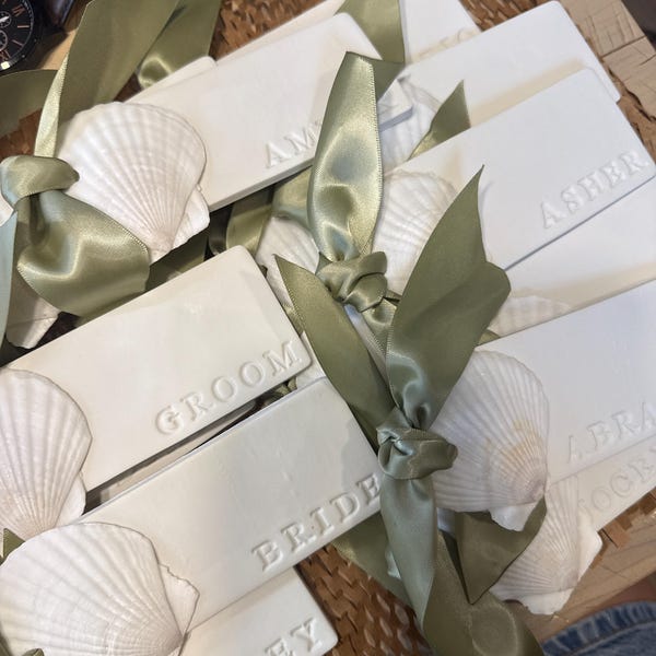 Handmade Clay Place Cards: Personalized Wedding Oyster Shell Name Tags ...