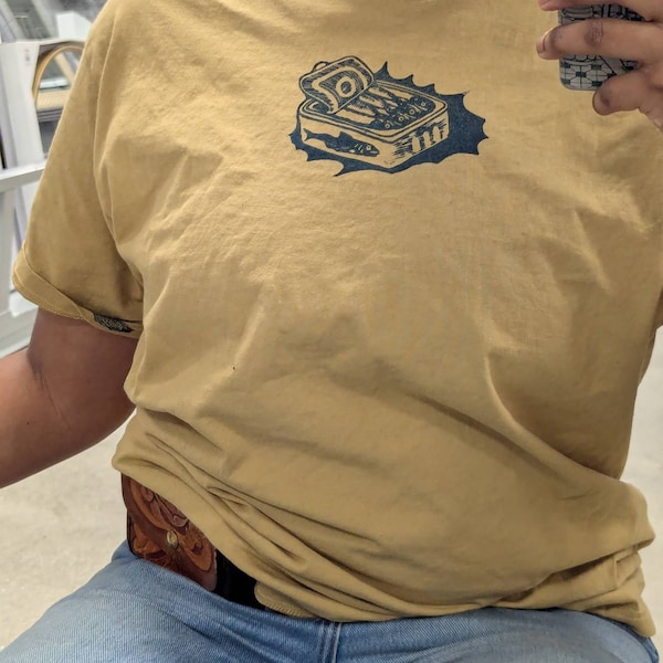 Hand Printed (block Print/linocut) Tee Shirt W/ Vintage Tinned Sardines ...