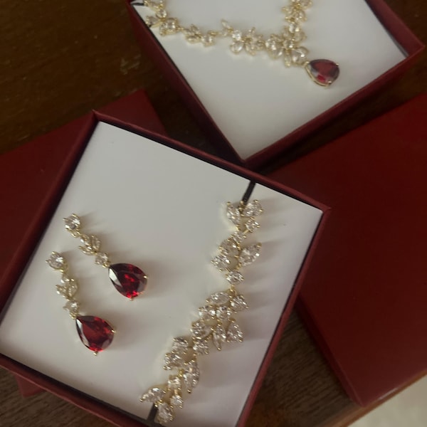 Red Bridal Jewelry Set, Burgundy Bridal Earrings, CZ Necklace, Bridal ...