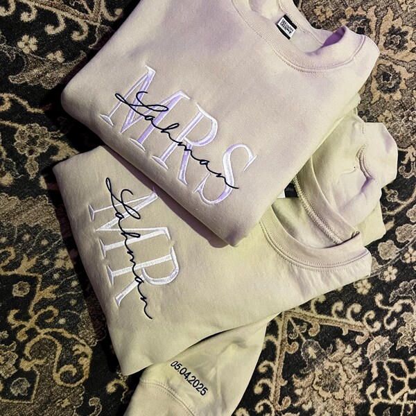 Custom Mrs. Embroidered Sweatshirt, Date on Sleeve, Hubby Wifey, Gift ...