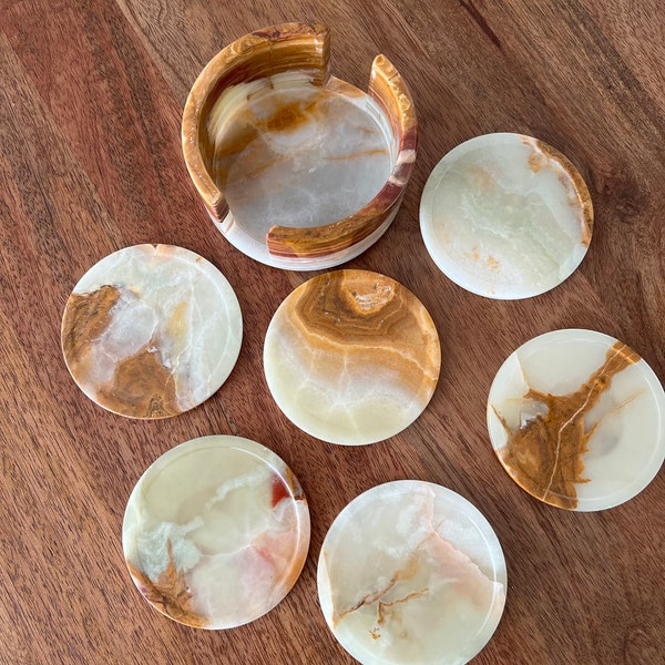 4" Round Banded Onyx Drink Coasters - Set of 6 With Holder - Etsy