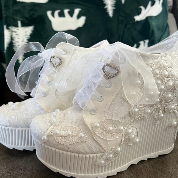 Wedding Shoes,platform Shoes, Pearl Bridal Shoes,lace Sneakers,women's ...