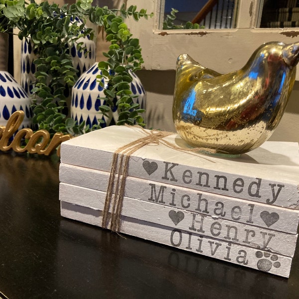 Hand Stamped Book Stack, Farmhouse Book Stack, Handstamped Names Book ...