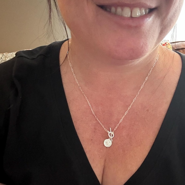 Silver Compass Necklace, Paperclip Chain Necklace With Toggle Closure ...