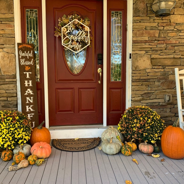 Thanksgiving Front Door Sign / Grateful, Blessed & Thankful Wooden Sign ...