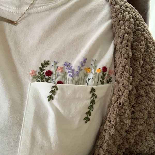 Hand Embroidered Floral White Pocket T-shirt, Wildflower Embroidered ... Hand Embroidered Floral White Pocket T-shirt, Wildflower Embroidered ...