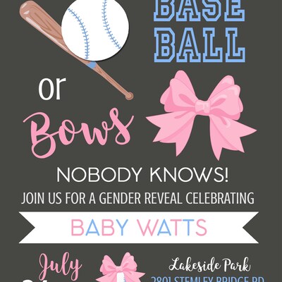 Editable Baseball or Bows Gender Reveal Invitation Invite - Etsy