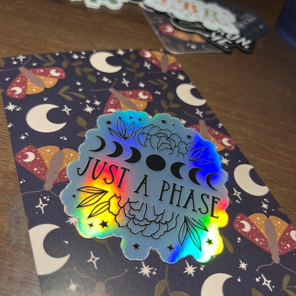 Just a Phase Holographic Waterproof Sticker | Moon Phases Laptop and ...