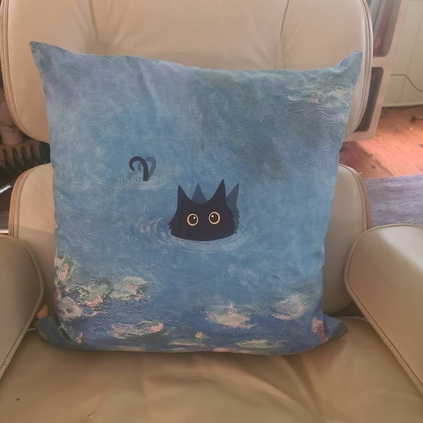 Monet Waterlily Cat Pillow Cover, Claude Monet Cat, Matisse Black Cat ...