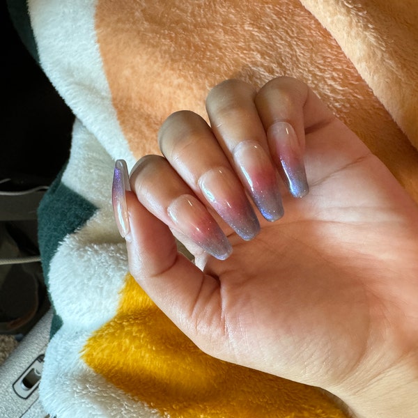 Handmade Iceland Aurora Black Gradient Blue Cat Eye Press on Nails ...