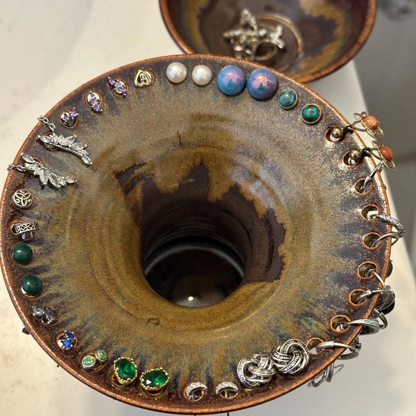 Ceramic Earring Holder With Dish in Waterfall Brown, Pottery Jewelry ...